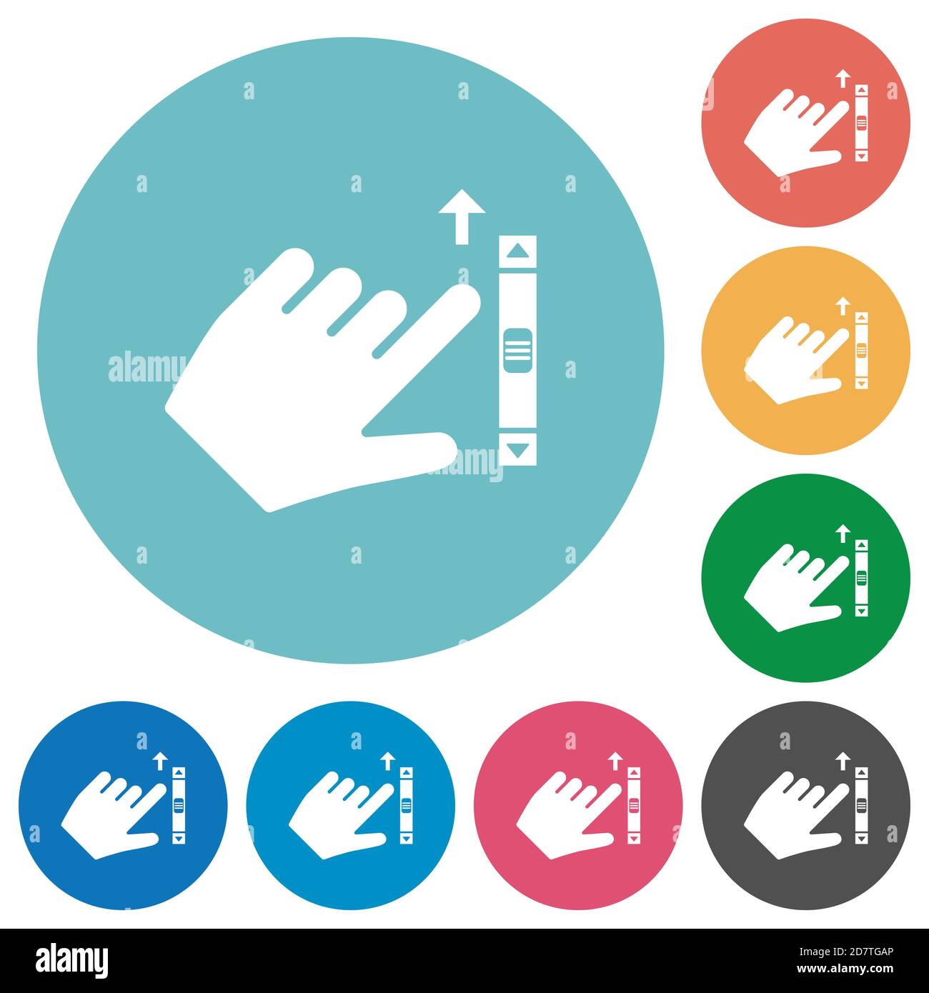 Left handed scroll up gesture flat white icons on round color ...