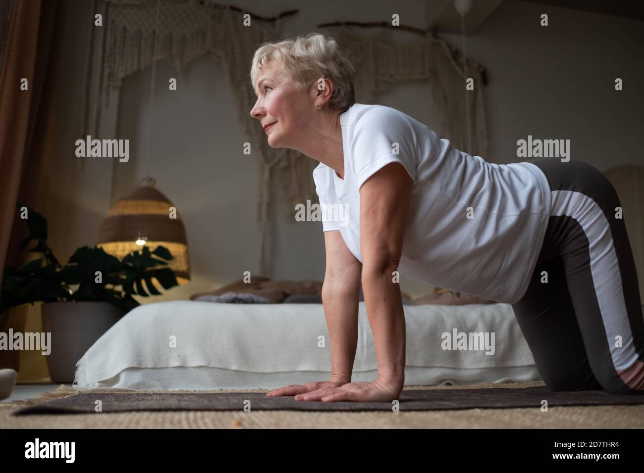 Caucasian woman on mat doing cat stretch posture for spine Stock Photo ...