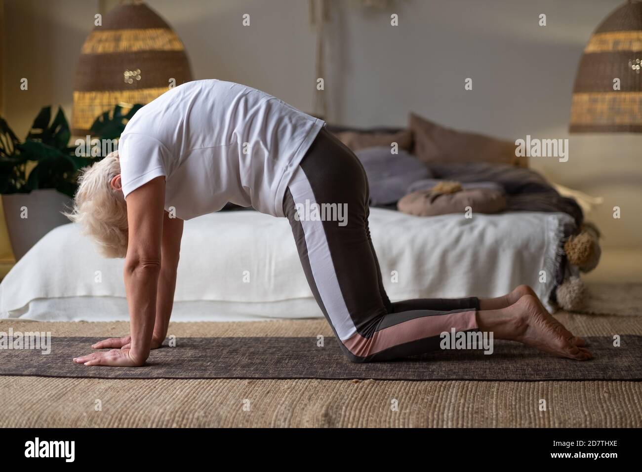 Caucasian woman on mat doing cat stretch posture for spine Stock Photo ...