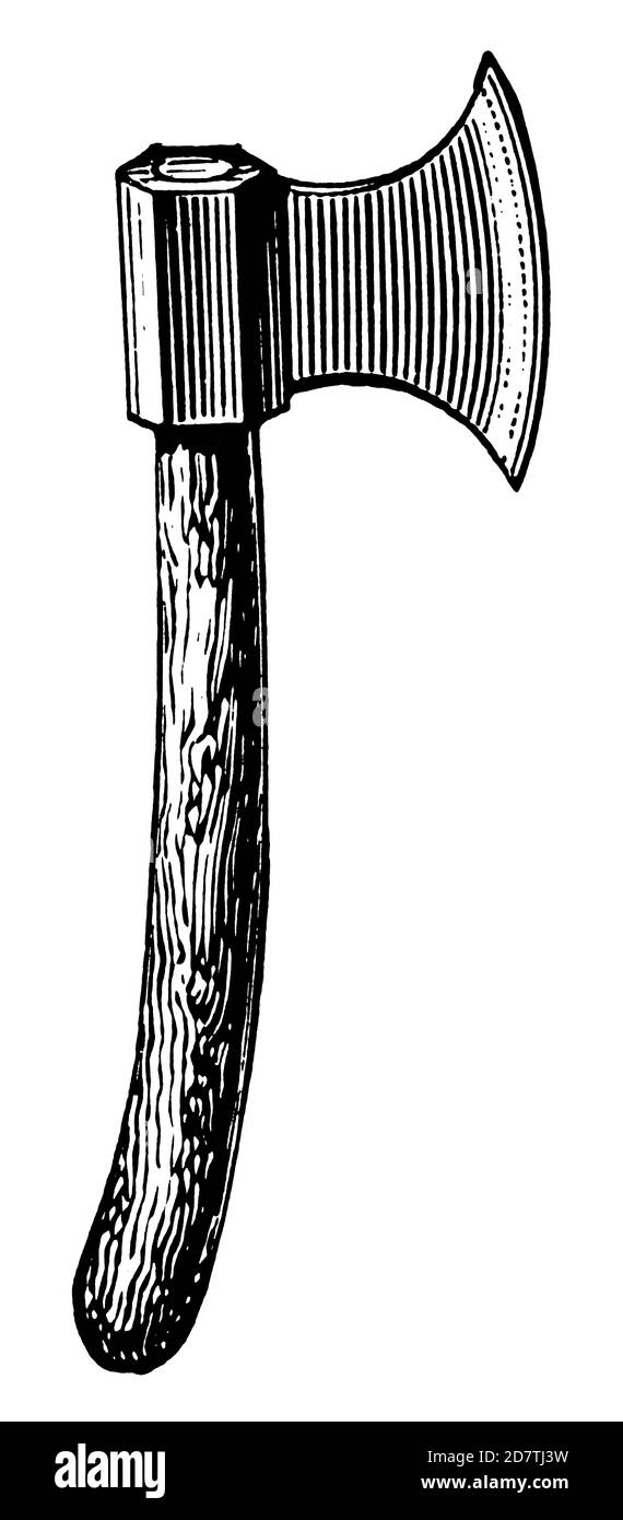 Antique 19th-century engraving of an axe (isolated on white). Published ...
