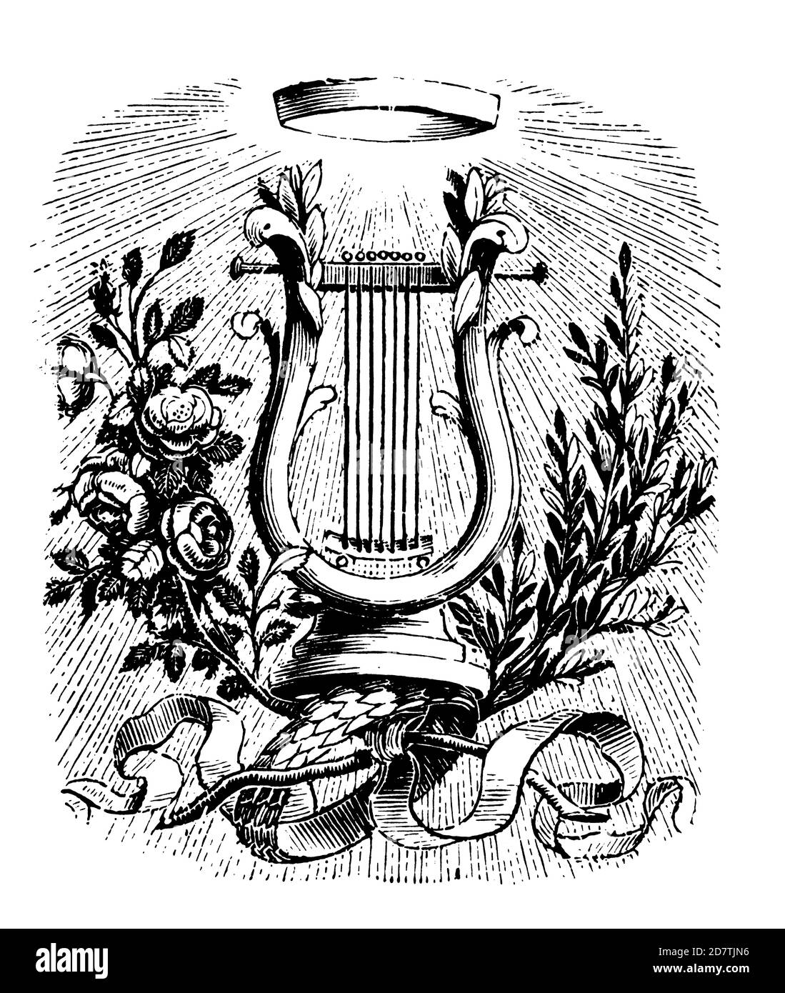 Antique 19th-century illustration of a lyre (isolated on white ...