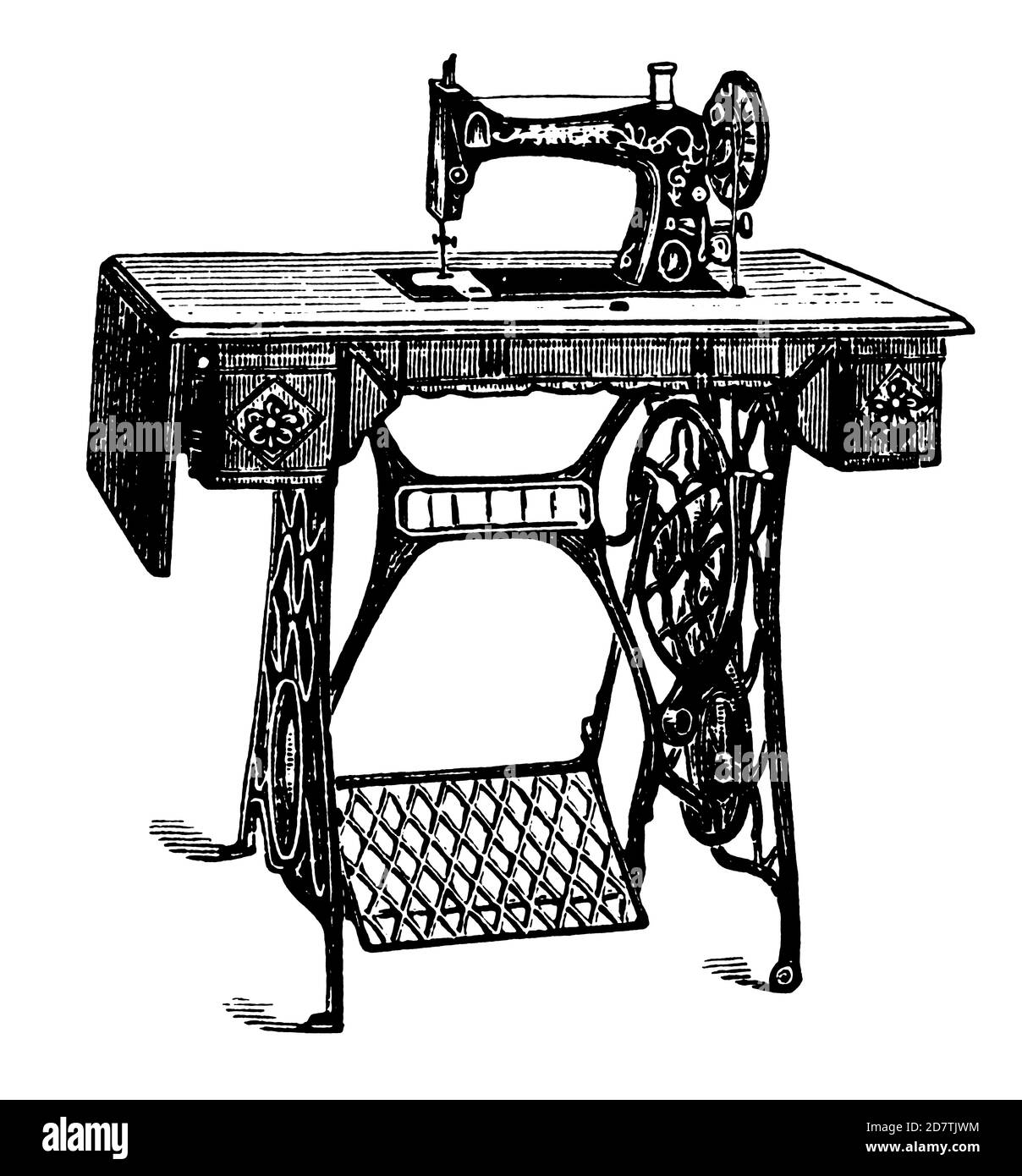 19th-century engraving of an early sewing machine (isolated on white ...