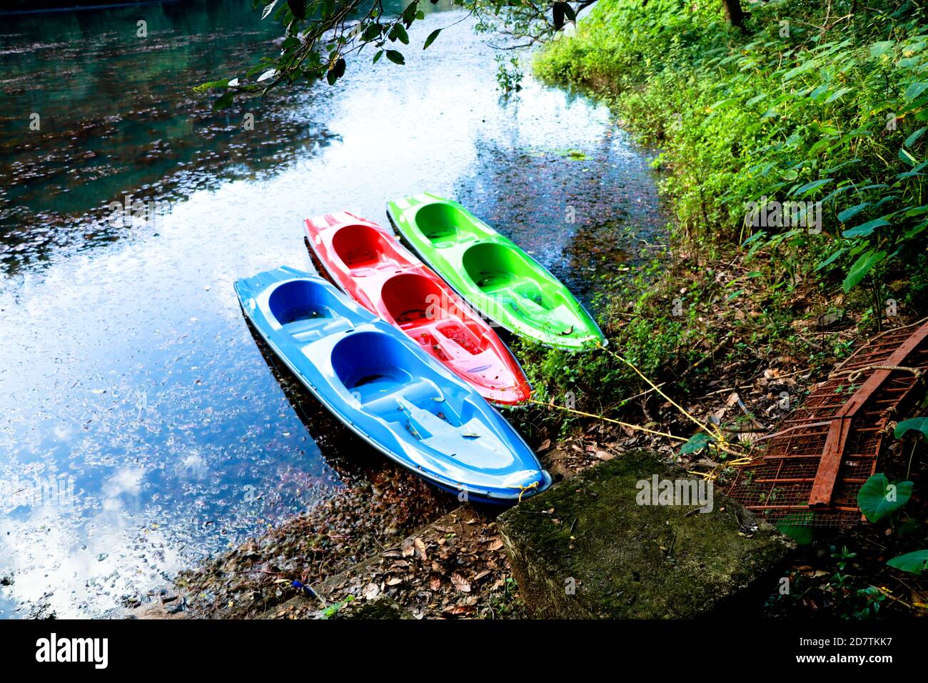 Fiber boats in different tied at a lake shore, high angle shot Stock ...