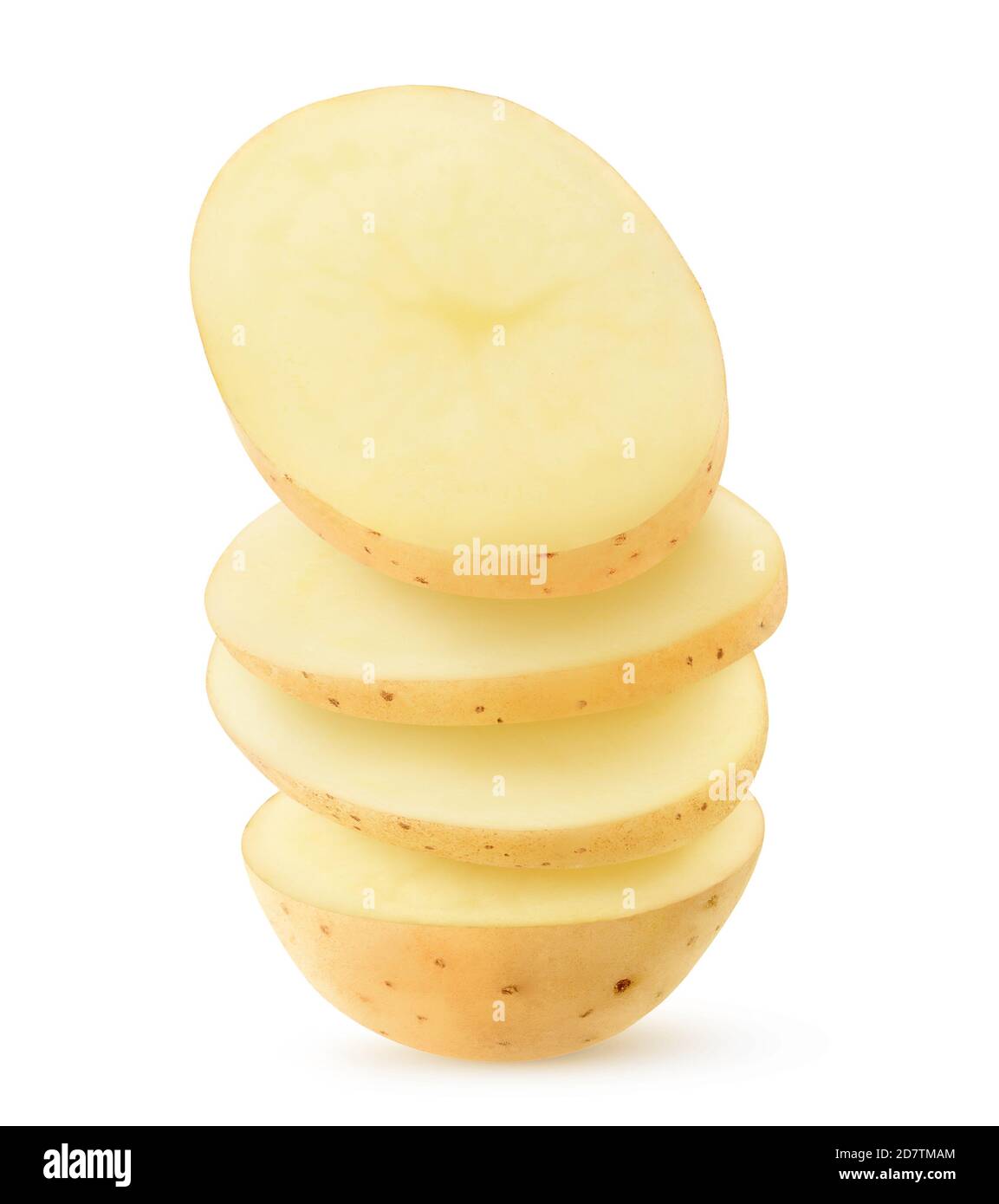 One sliced raw potato, pieces on top of each other, isolated on white ...