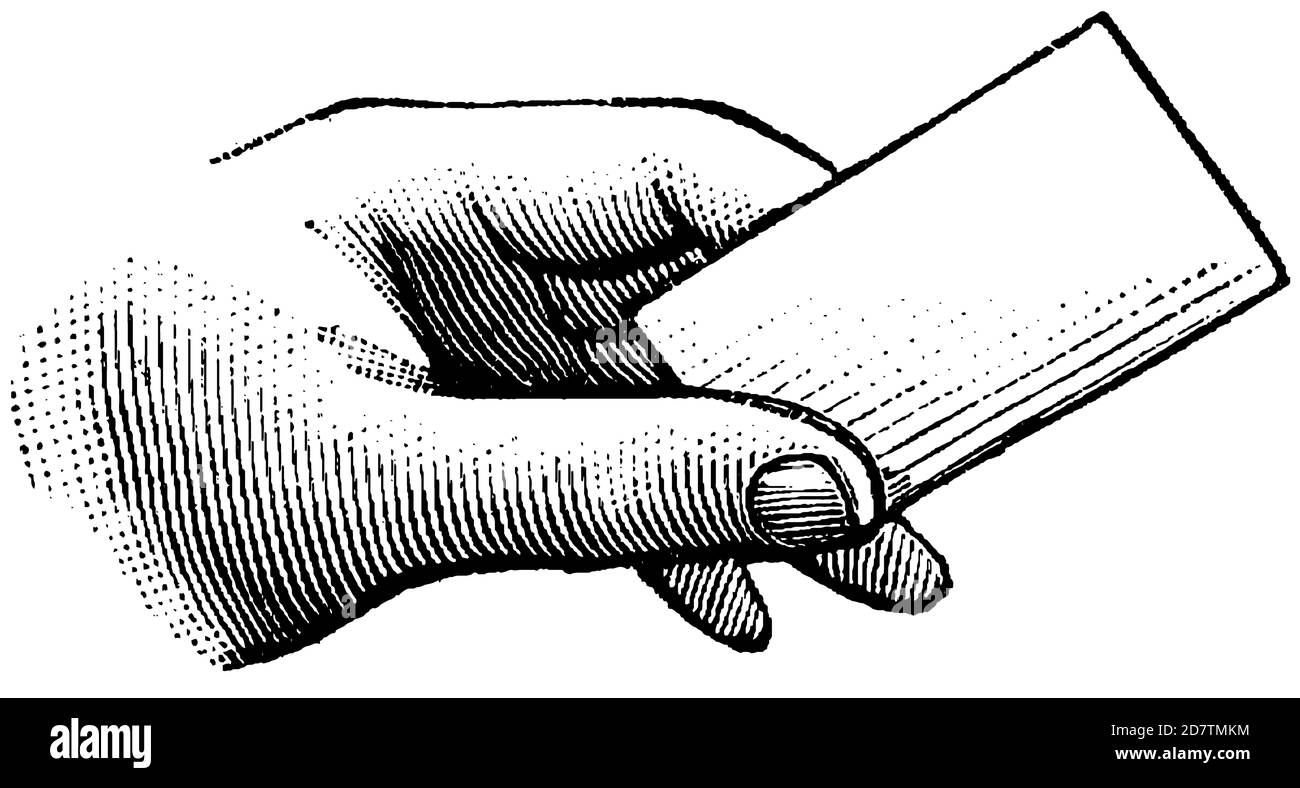 Hand holding card illustration, 19th century black and white drawing ...