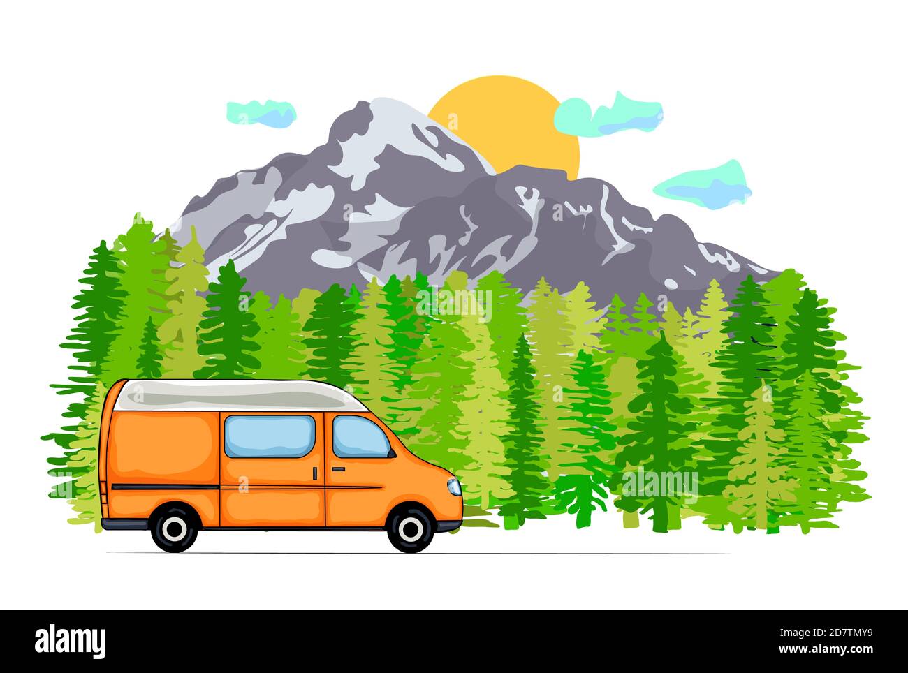 Van Life sticker. Orange van with forest and mountains in the ...