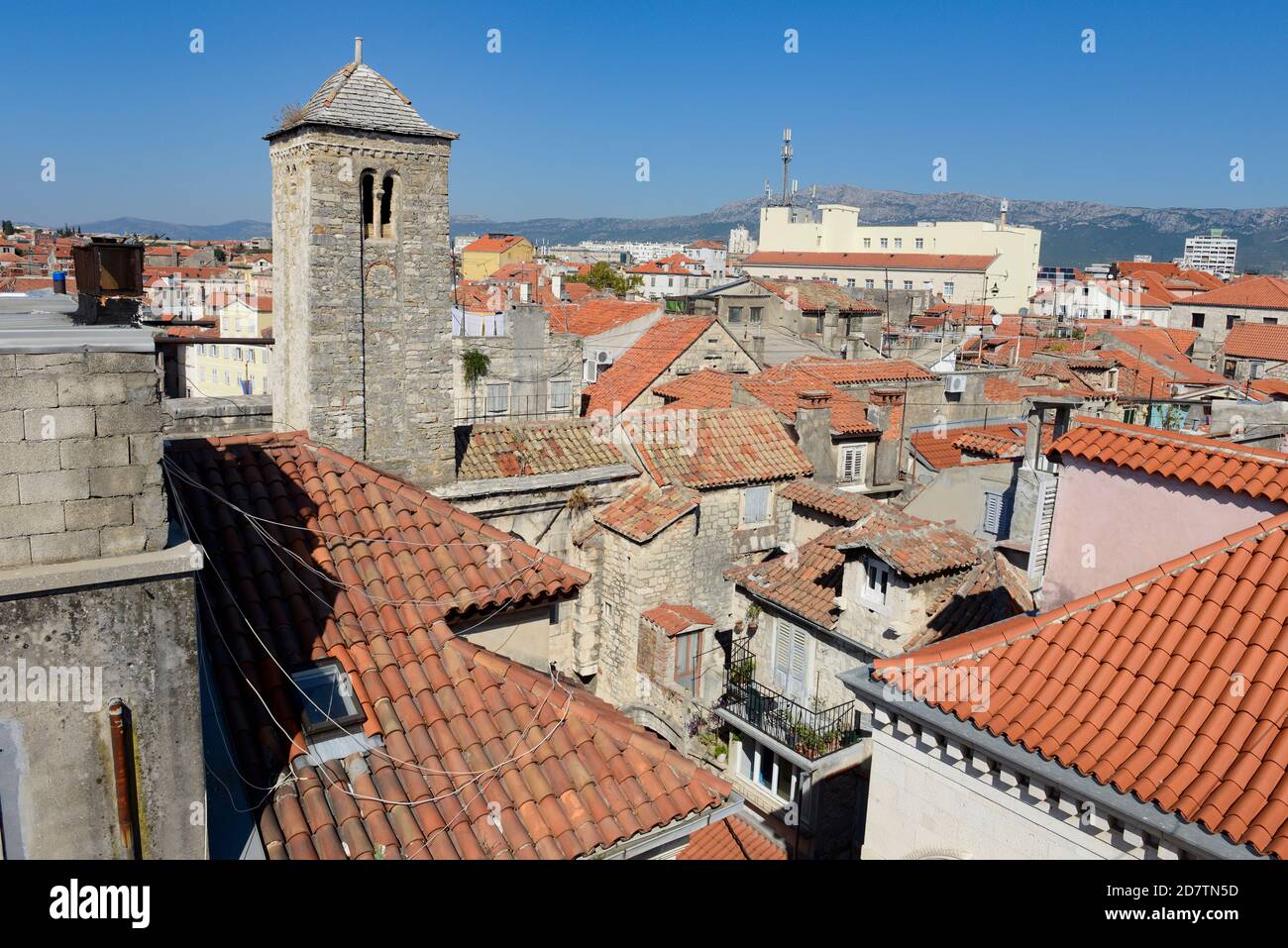 Top view of tiled roofs of houses. Old town of Split, UNESCO heritage ...