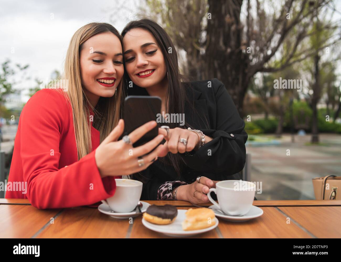 Portrait of two young friends using their mobile phone while sitting at ...