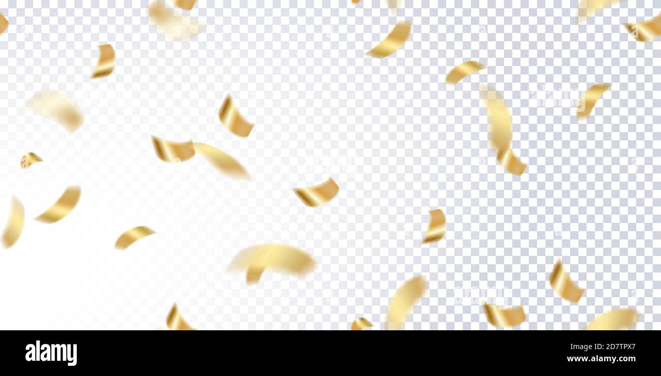 Falling realistic shiny golden tiny confetti isolated on transparent background. Birthday ...