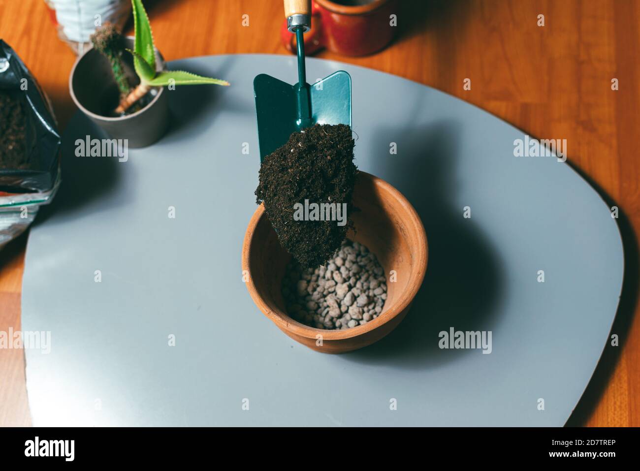 A woman putting some ground in a pot with pebbles Stock Photo - Alamy