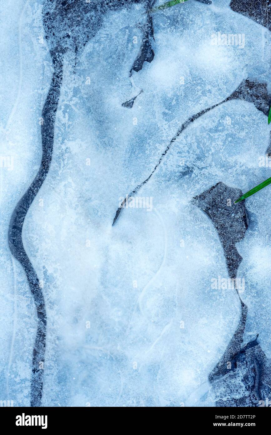 Surface of natural ice covering on water in winter. Ice texture with ...