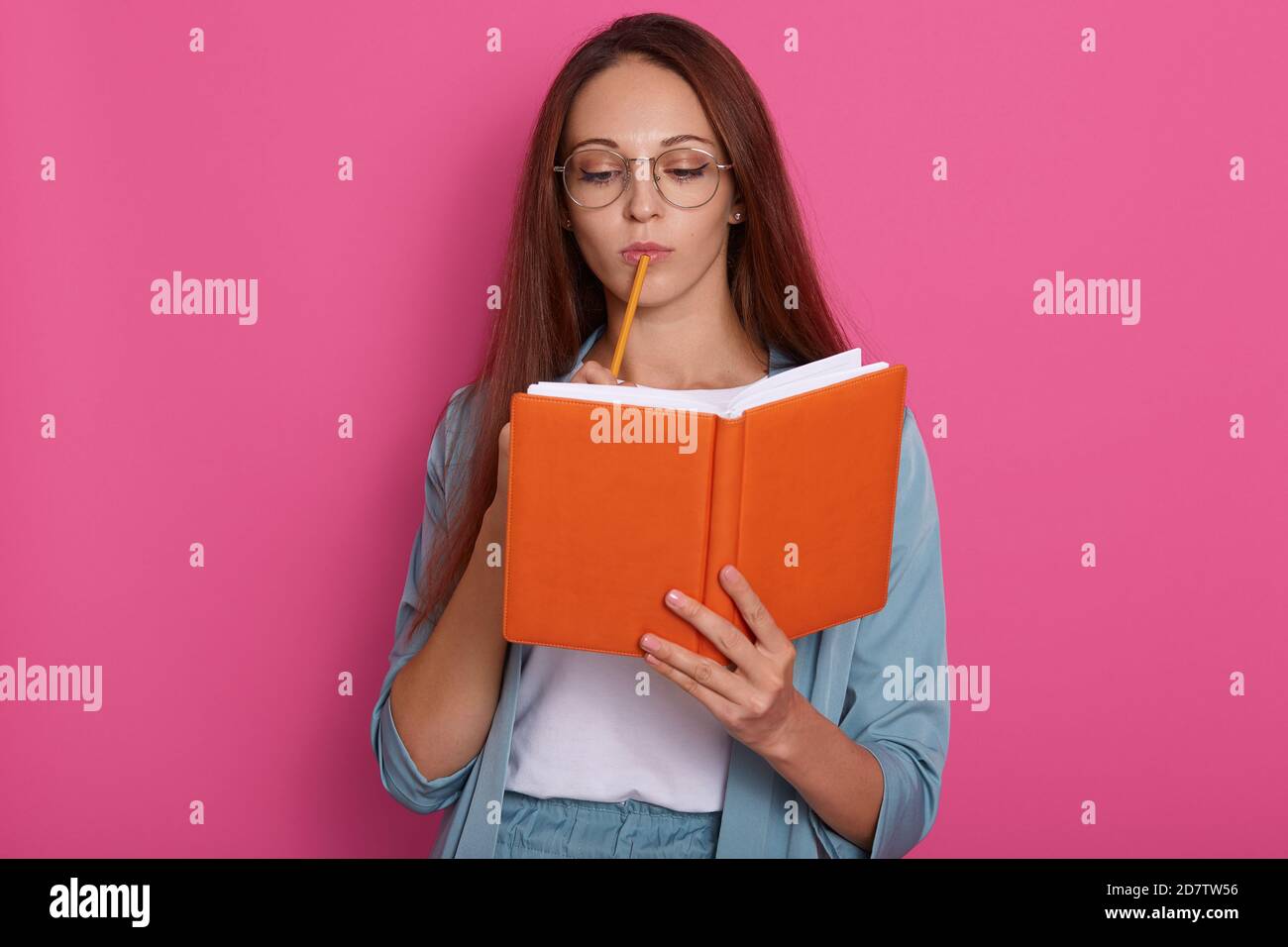 Horizontal portrait of pensive attractive woman with thoughtful facial ...