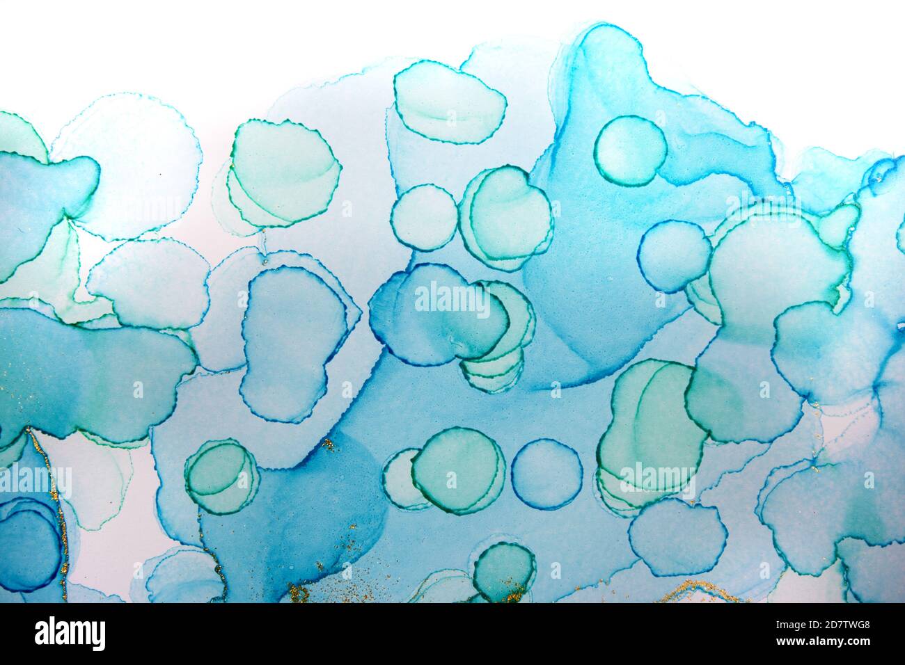 Alcohol ink blue handdrawn watercolor drops on white background ...