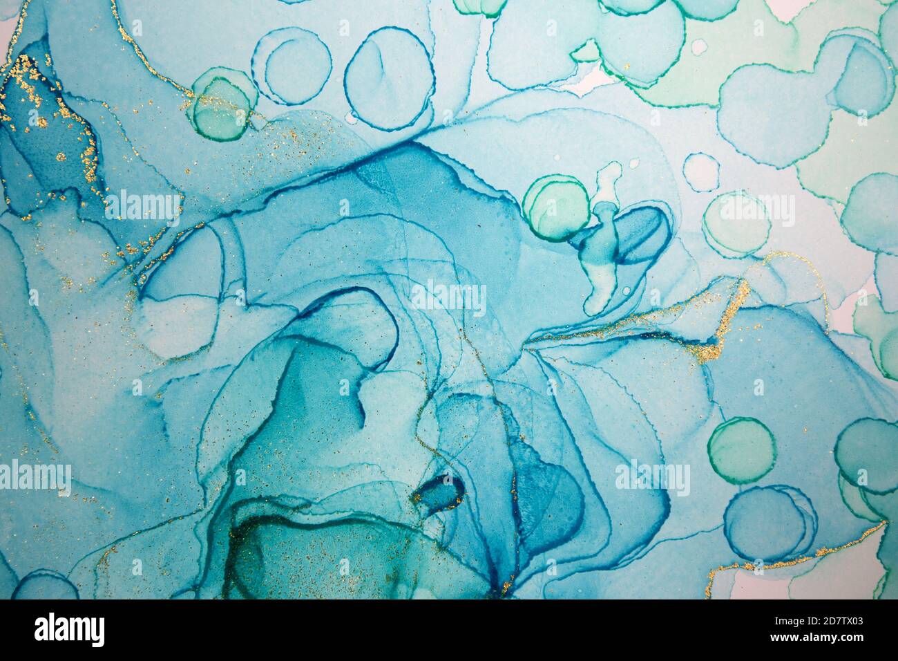 Alcohol ink blue handdrawn watercolor drops on white background ...