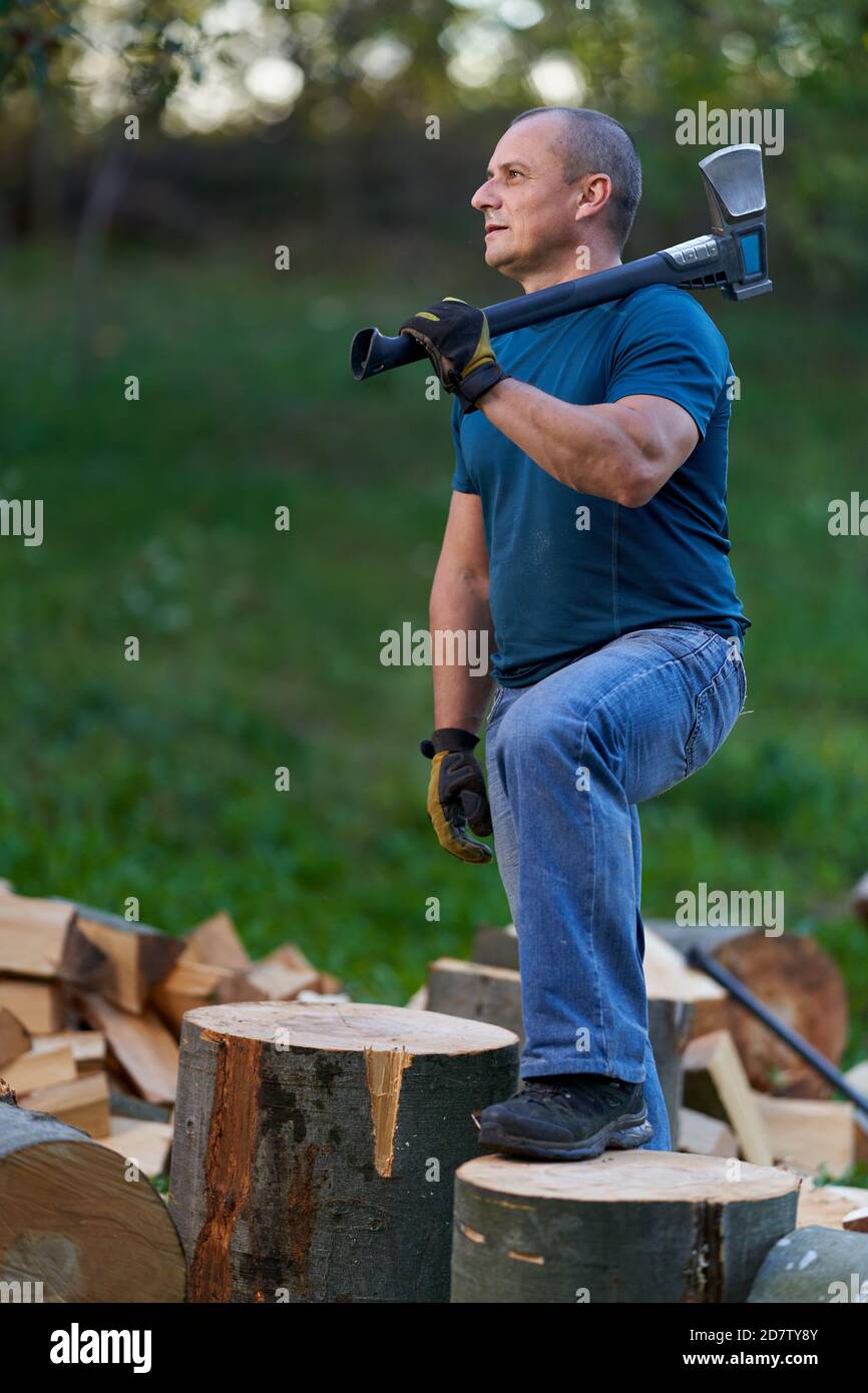 Farmer with big axe splitting beech logs Stock Photo - Alamy