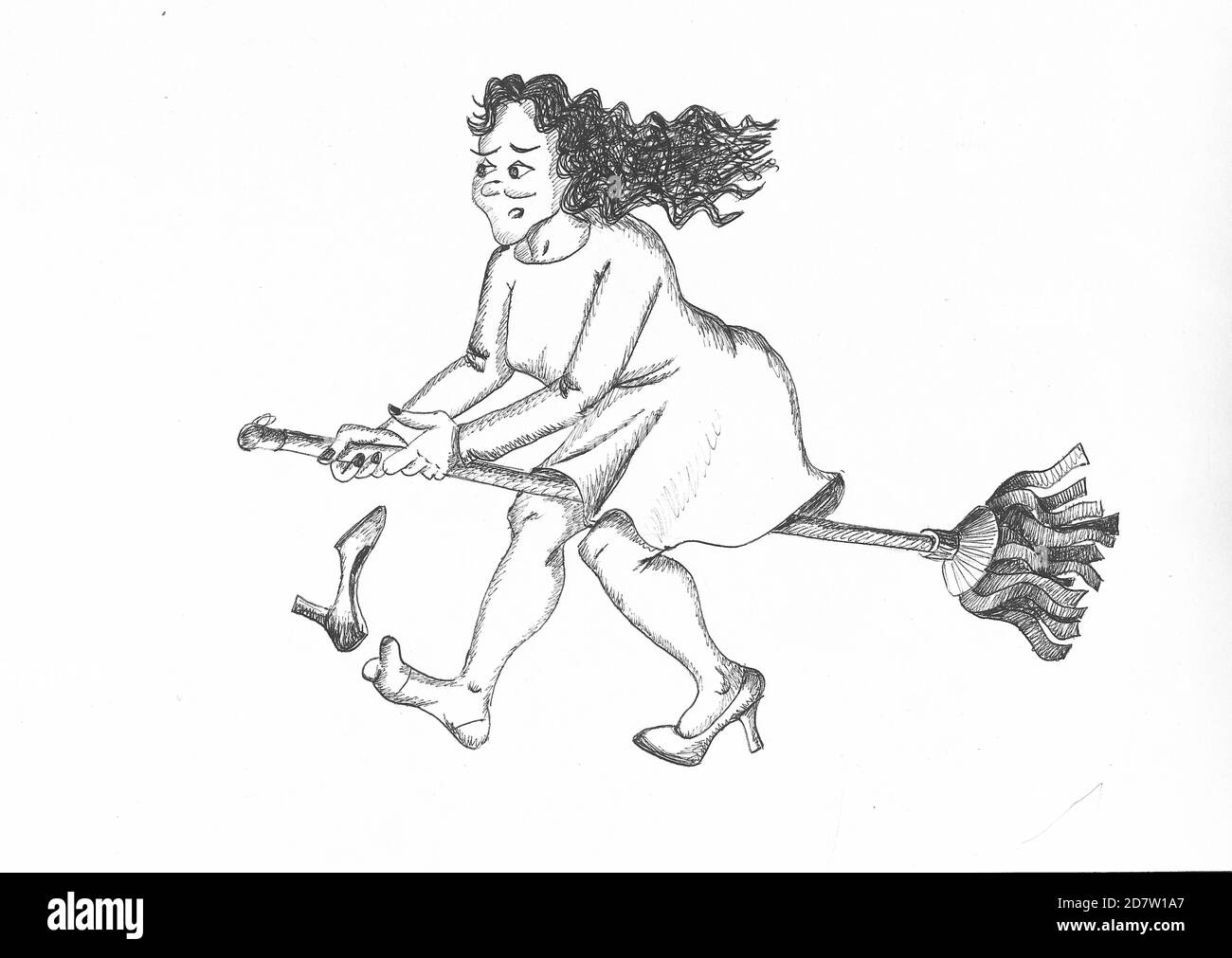 Witch riding a mop, loosing a shoe. Illustration Stock Photo - Alamy