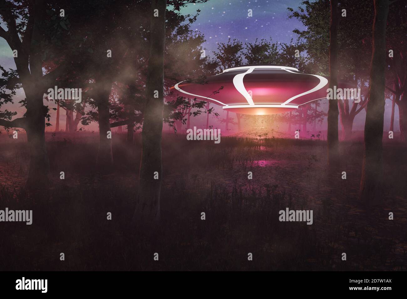 UFO landing in the forest / woods at night, science fiction scene with ...