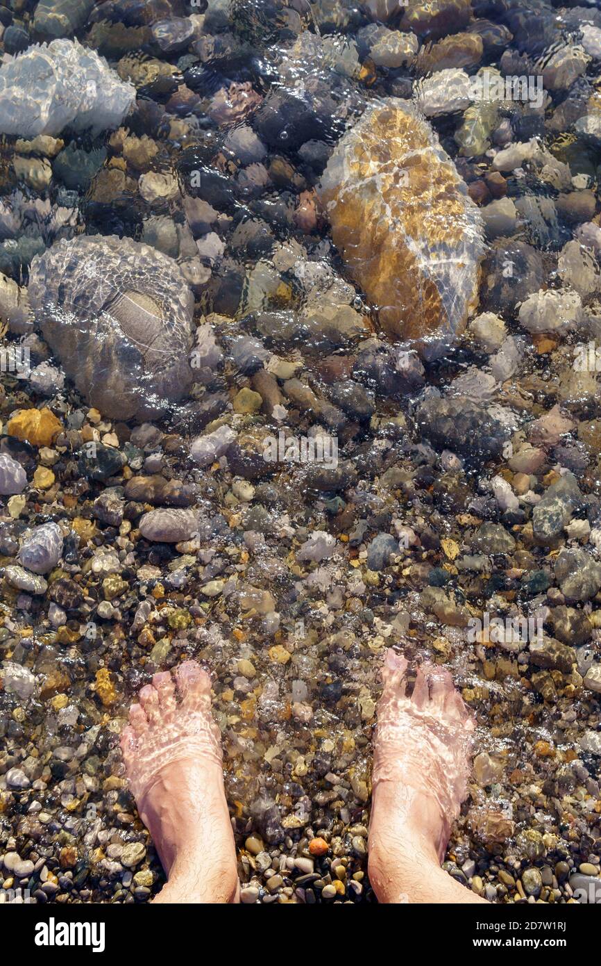 feet on the beach on the shore of the beach with rocks pebbles ...