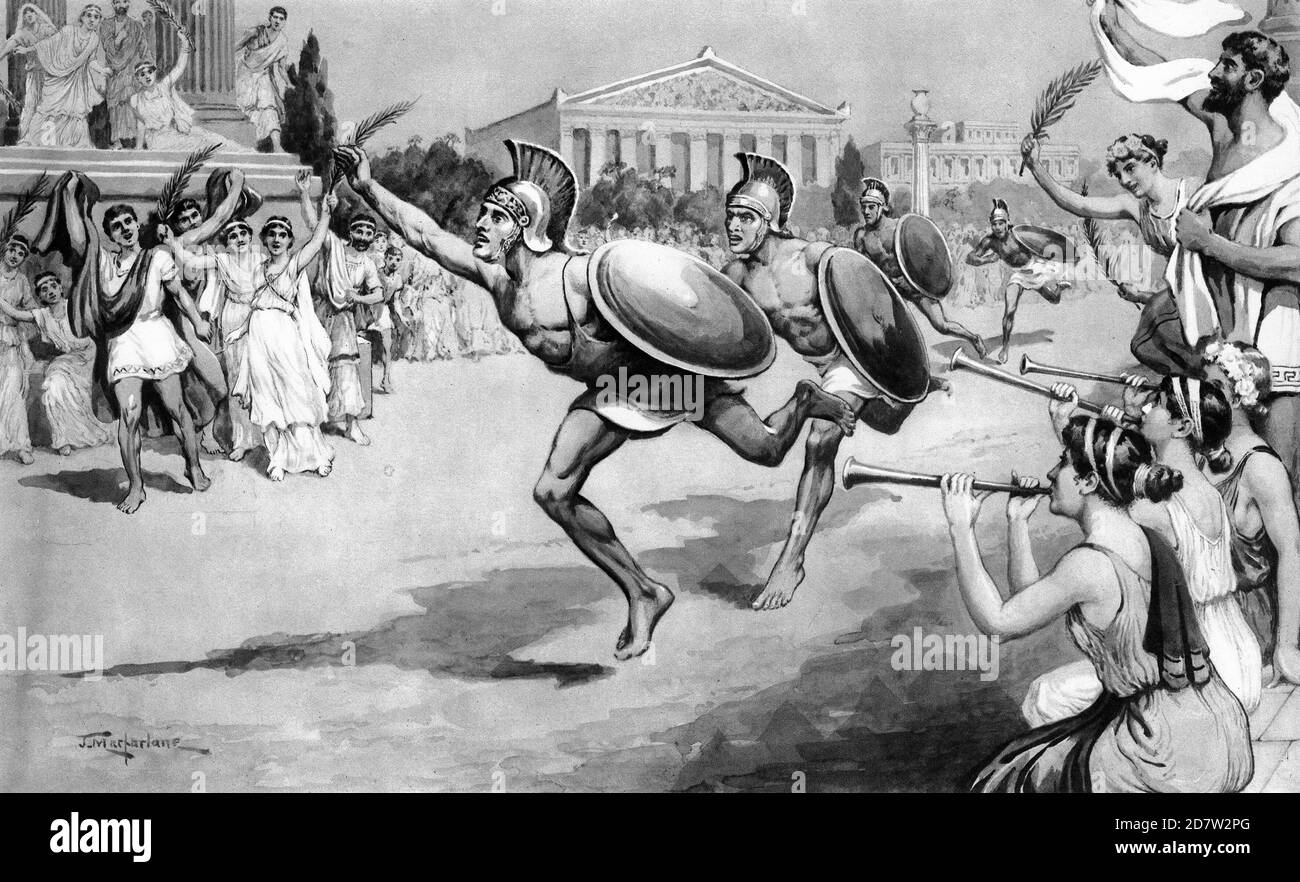 Halftone of the finish of a foot race in the Olympic Games. From a set ...