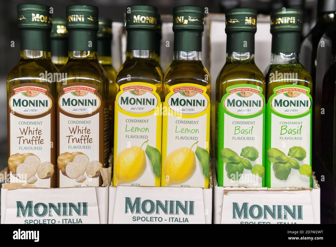 Tyumen, Russia-October 11, 2020: Monini olive oil at supermarket store ...