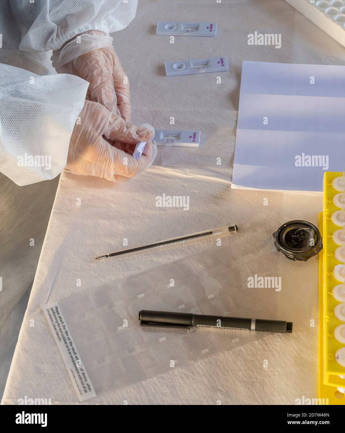 A laboratory technician performs a rapid covid-19 test with a device ...