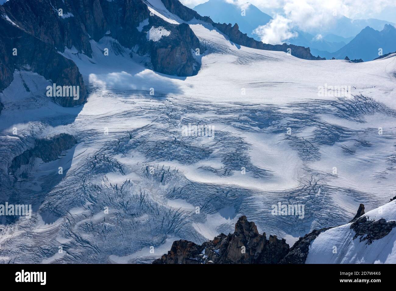 Beautiful blue morning landscape with glacier on the Mont Blanc massif ...