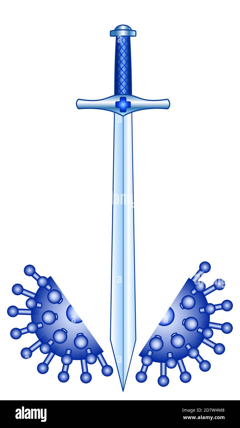 Concept illustration of the cleaving sword and coronavirus icon. Novel ...