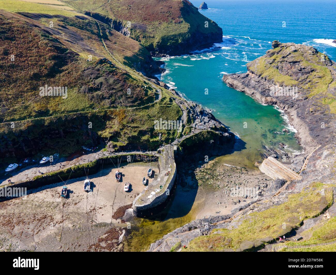 Elevated view of Boscastle village harbour in Cornwall, UK Stock Photo ...