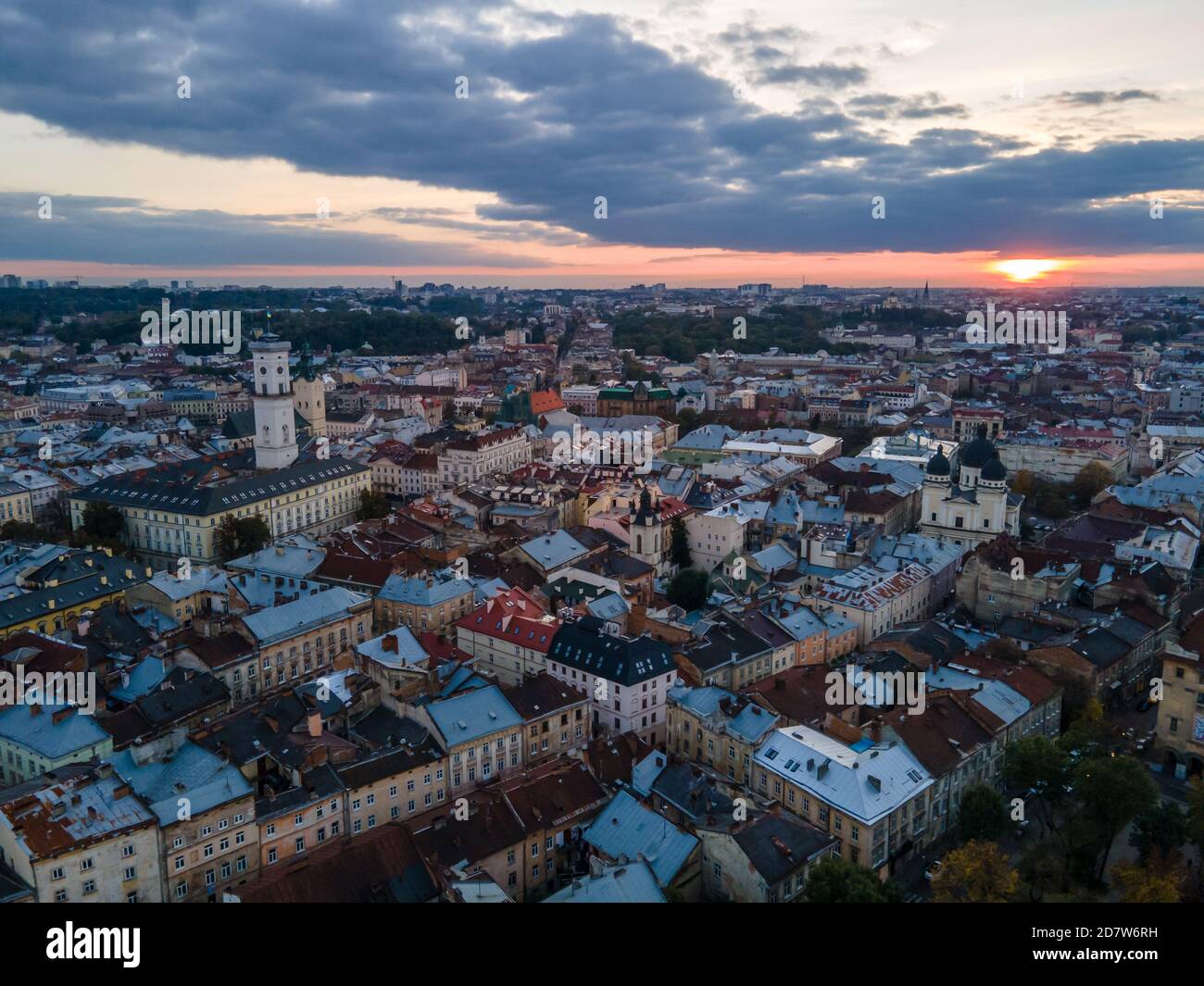 aerial view of sunset above the old european city Stock Photo - Alamy