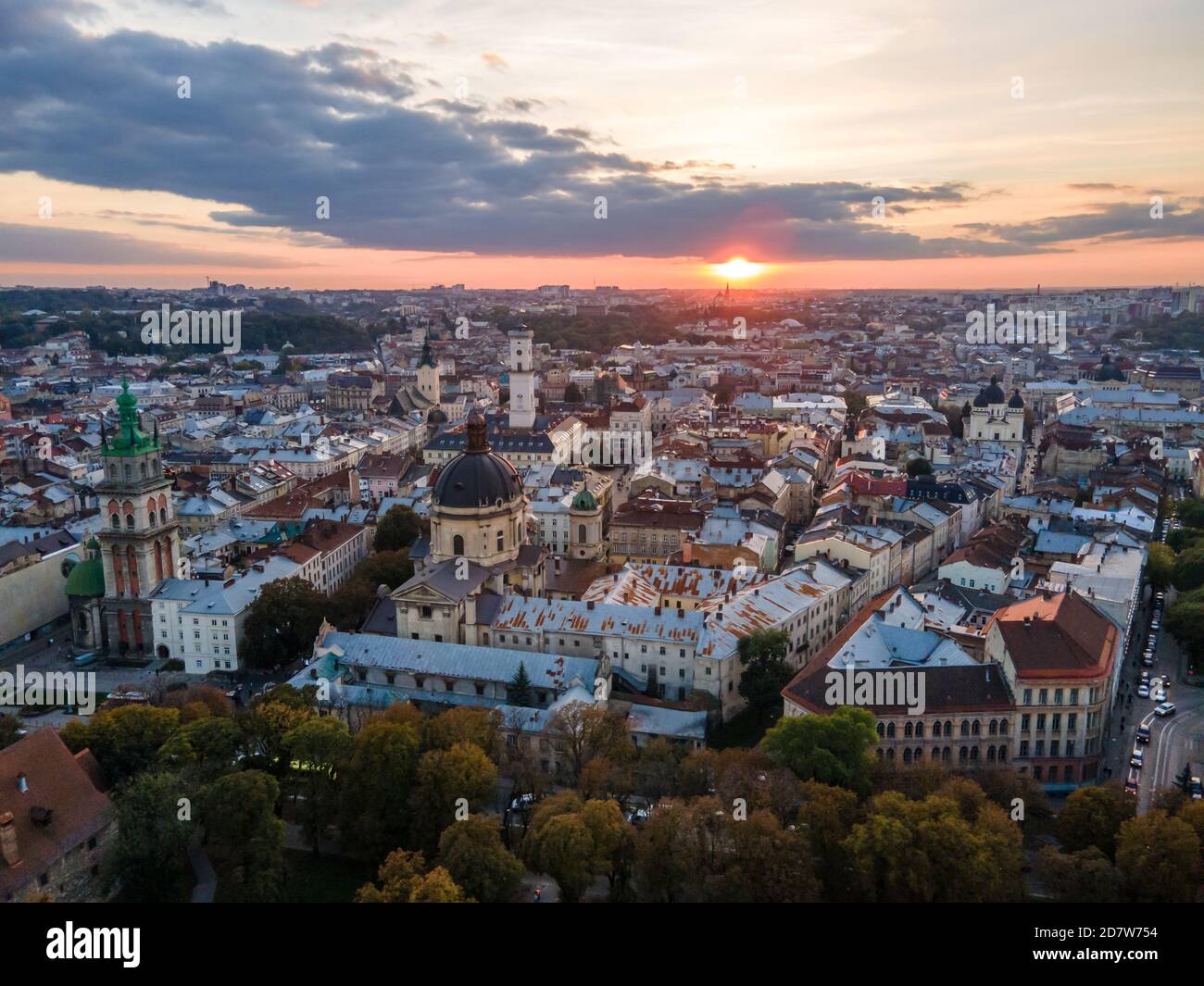 aerial view of sunset above the old european city Stock Photo - Alamy