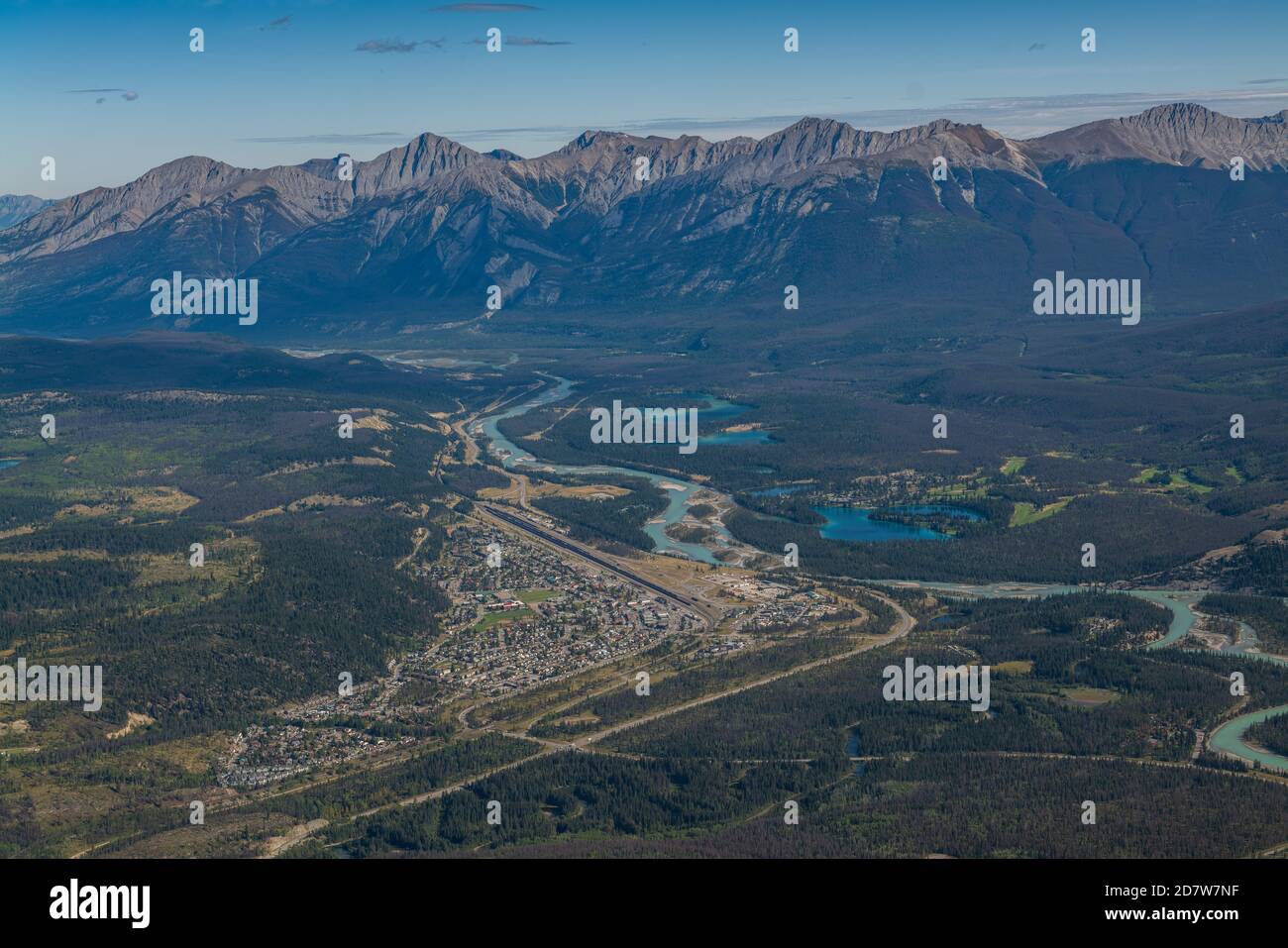 Town of Jasper Alberta, Canada from an aerial view and mountains and ...