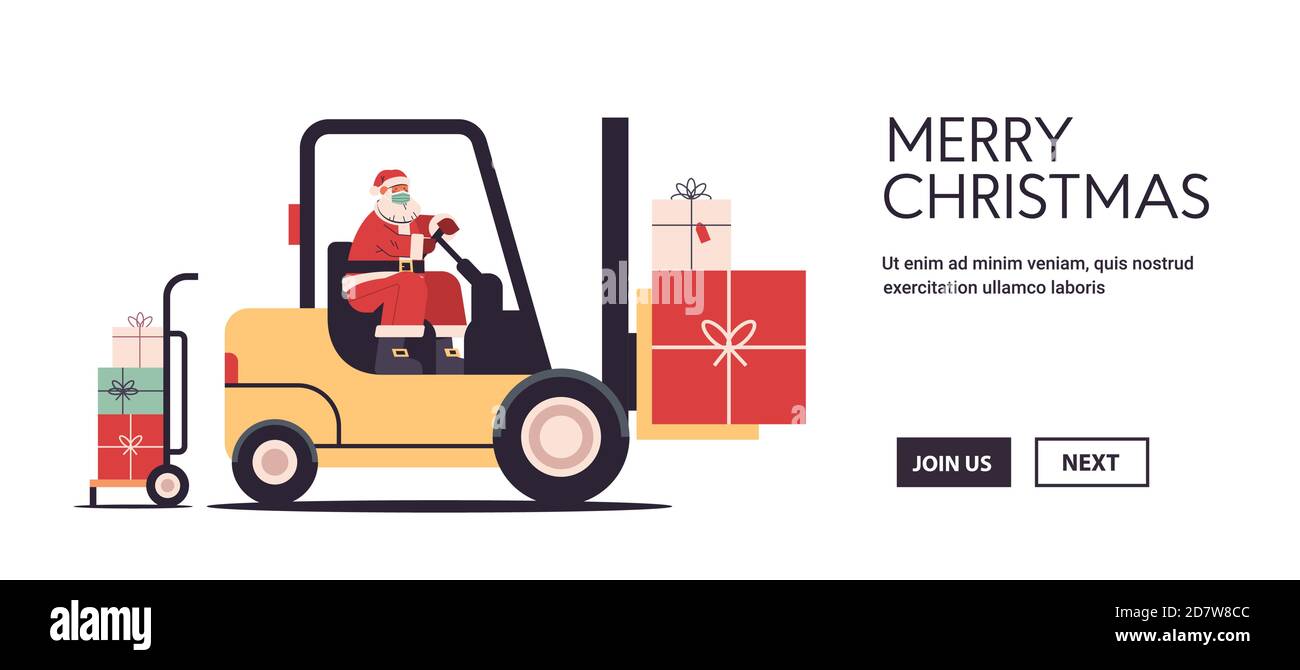 santa claus driving forklift truck loading colorful gifts merry ...