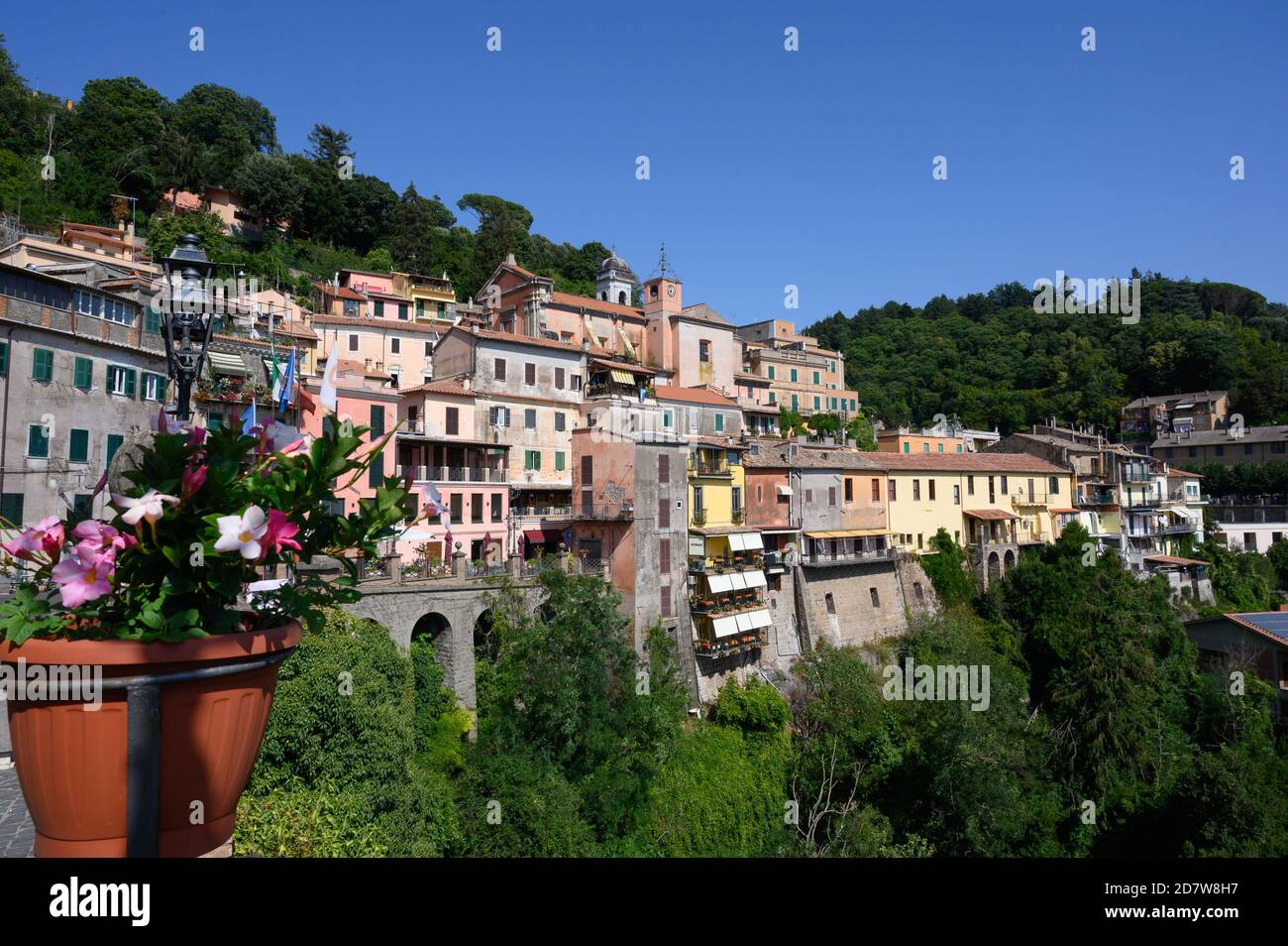 View on ancient town Nemi, located on Alban hills overlooking volcanic ...