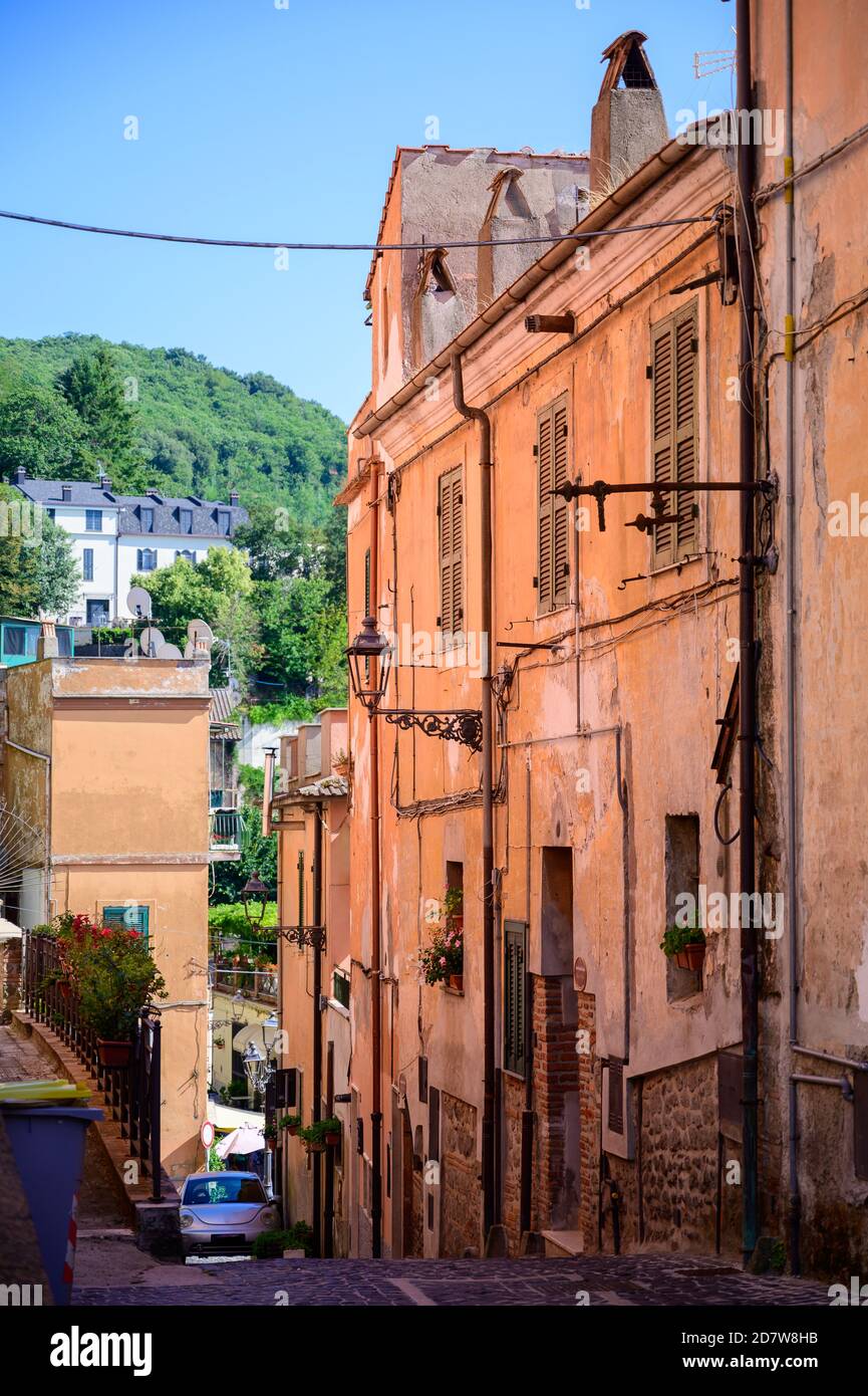 View on ancient town Nemi, located on Alban hills overlooking volcanic ...