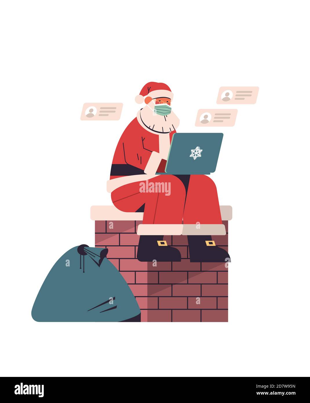 santa claus in protective mask sitting on chimney and using laptop ...