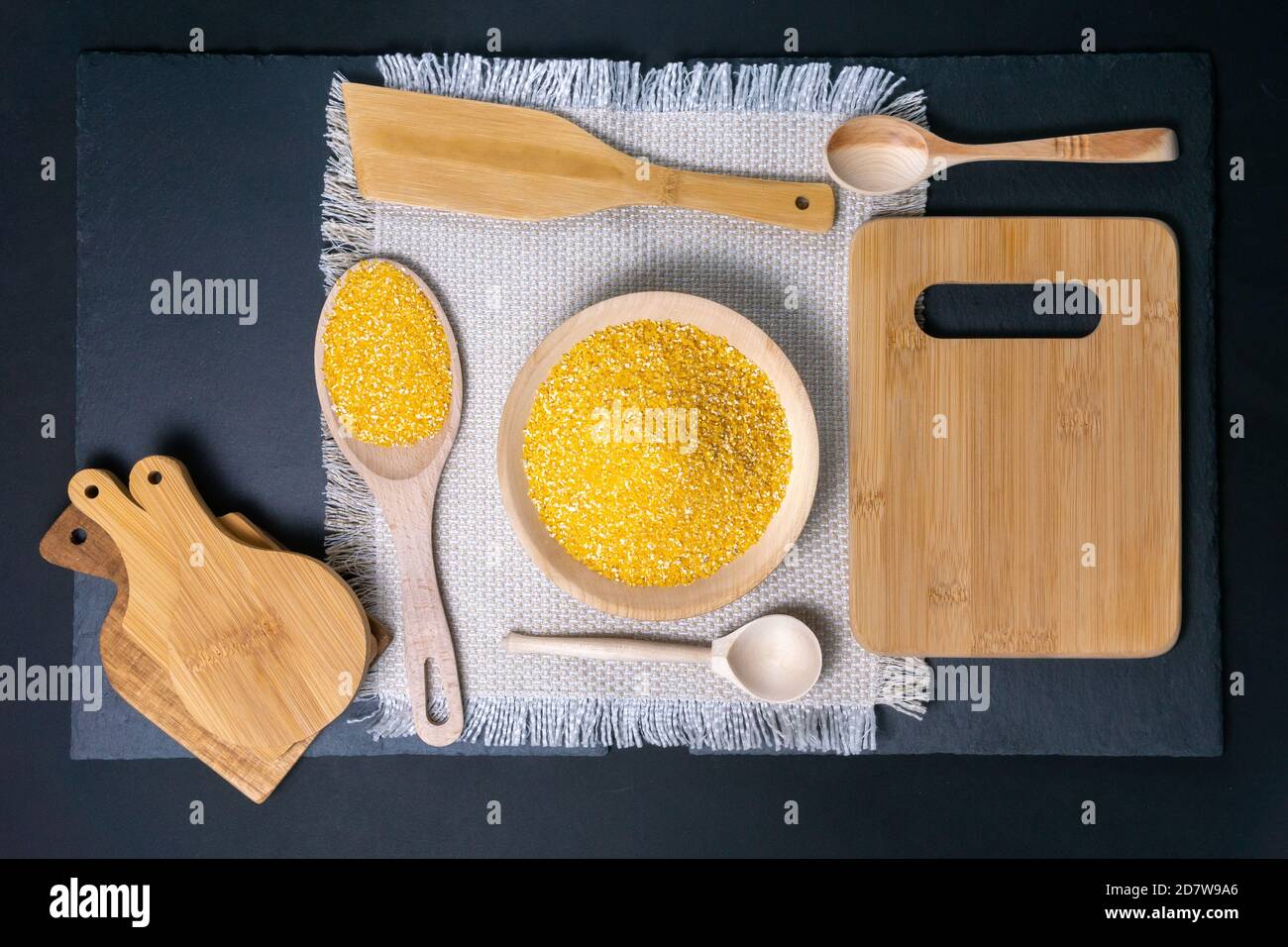 Golden corn groats. A healthy harvest of organic crops. top view flat ...