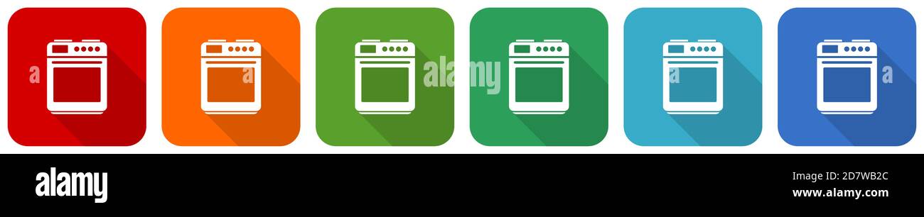 Stove and oven icon set, flat design vector illustration in 6 colors ...