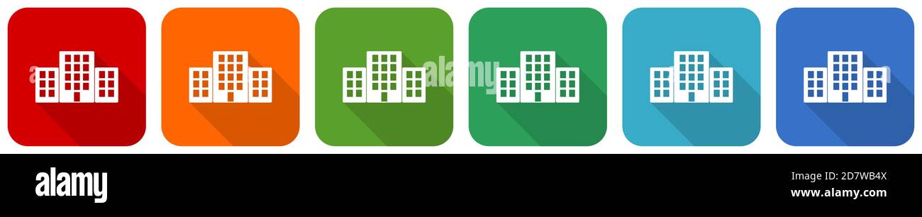 Office buildings icon set, flat design vector illustration in 6 colors ...