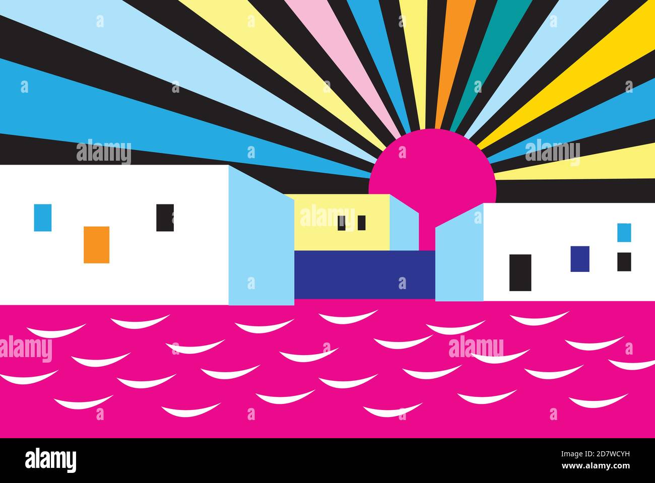Abstract bright background with houses and sun pop art. Example for an ...