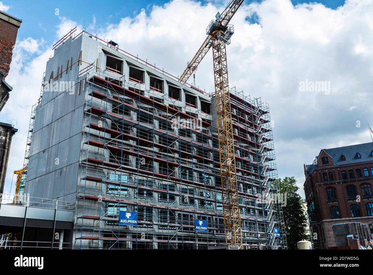 Hamburg, Germany - August 21, 2019: Metal scaffold with a crane ...