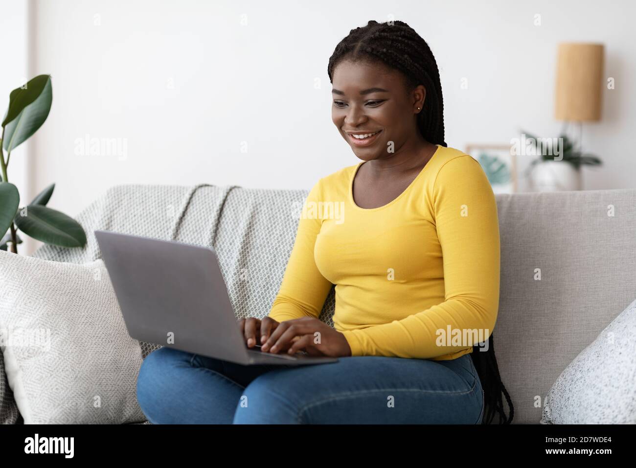 Remote Work. Cheerful Black Millennial Woman Using Laptop Computer At ...