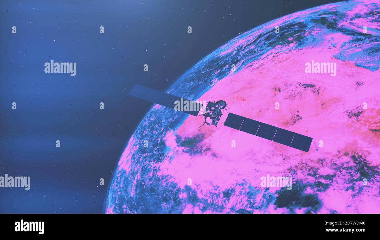 Rosetta Space craft mission with solar panels over purple and pink ...