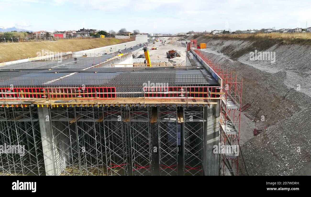 Highway construction site view. Civil engineering. Road on costruction ...