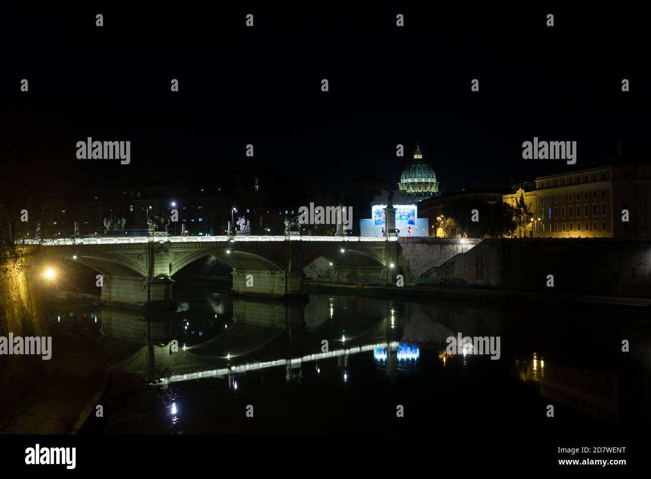 Night scene of Rome, Tevere river with Saint Peter basilica in ...