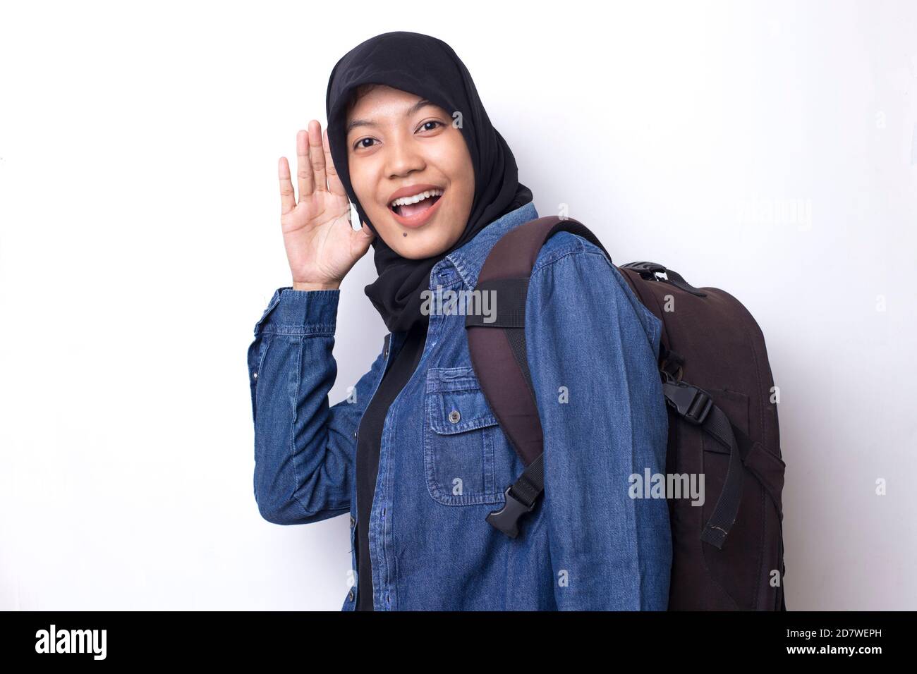 Asian muslim woman hijab backpacker isolated on white background Stock ...