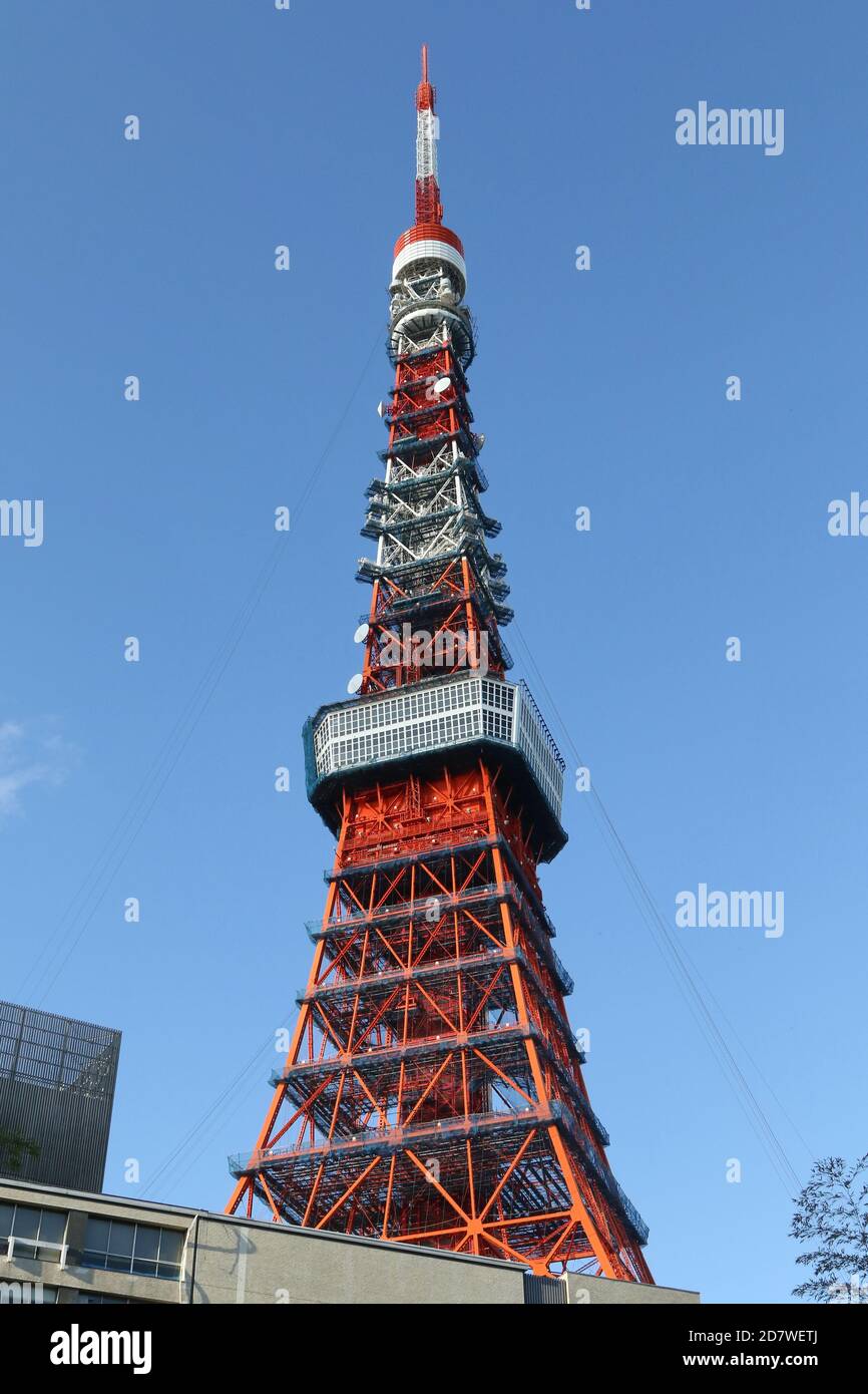 Detail of Tokyo Tower in front of blue sky, Tokyo, Japan Stock Photo ...