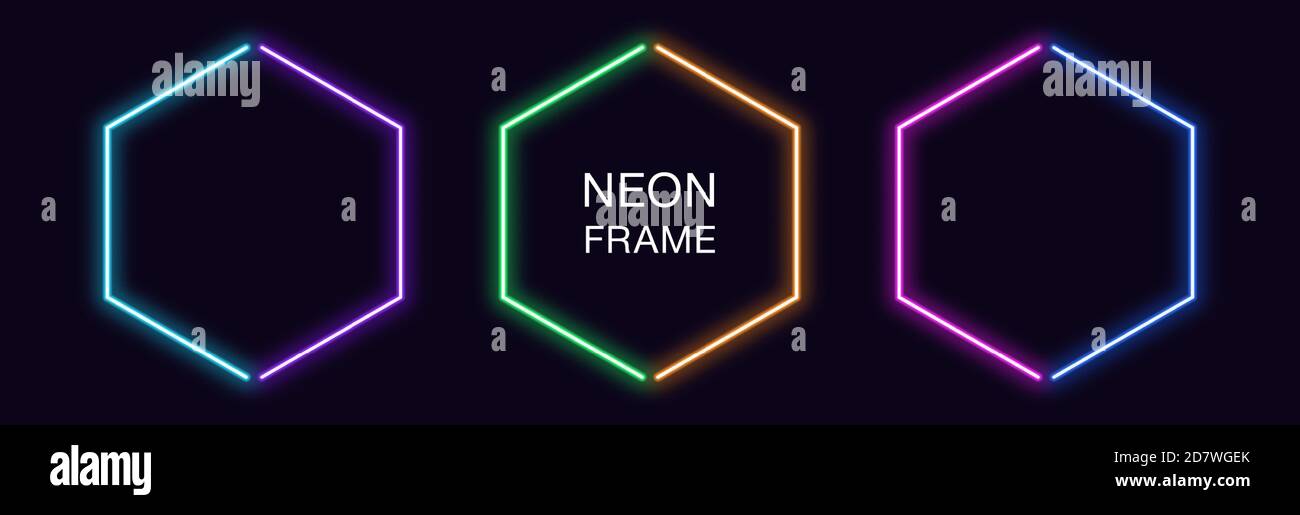Neon hexagon Frame. Set of hexagonal neon Border in 2 outline parts ...