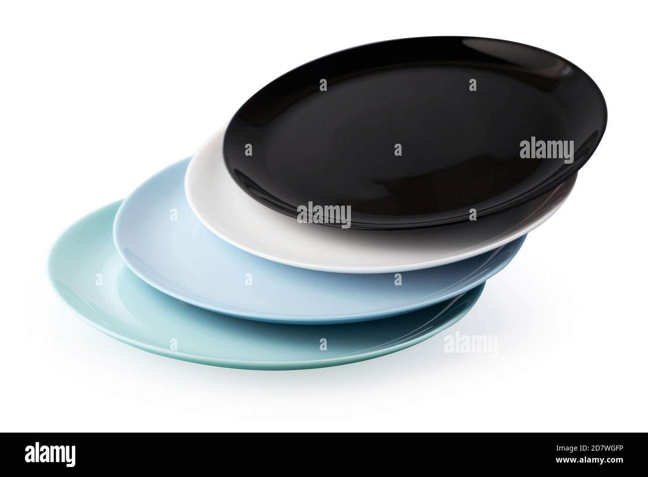 Stack of flat multi-colored set plates isolated on white background ...