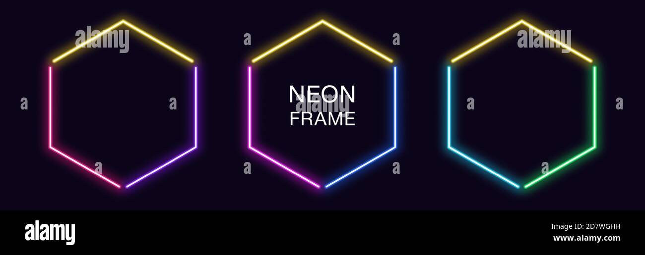 Neon hexagon Frame. Set of hexagonal neon Border in 3 angular parts ...