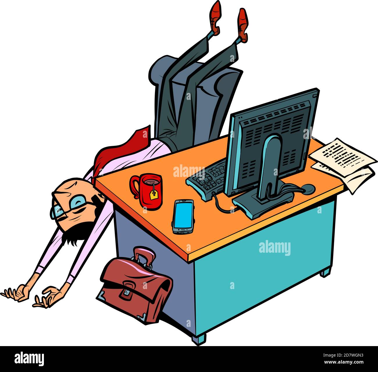 tired sleeper male businessman works at an office workplace at a ...